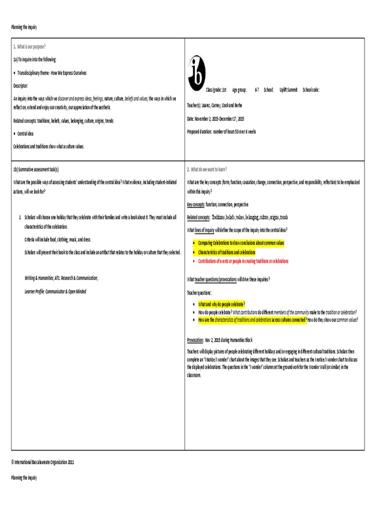 1st Grade PYP Planner Unit 3 | PDF | Educational Assessment | Learning