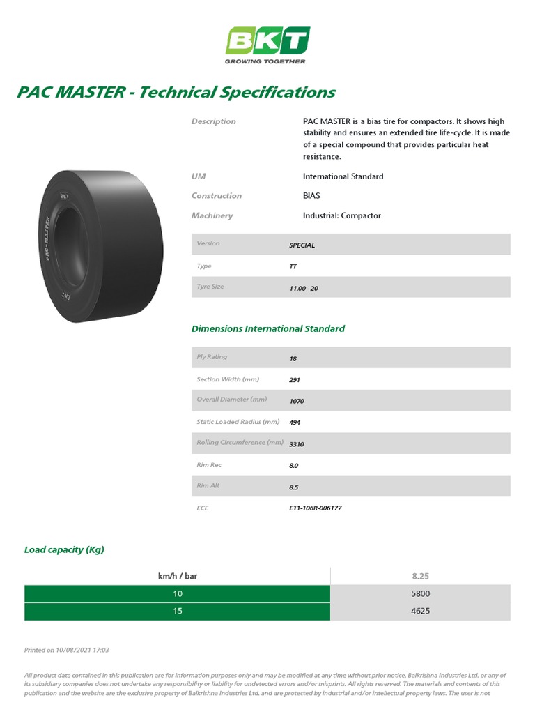 PAC MASTER - Technical Specifications: Description | PDF | Tire