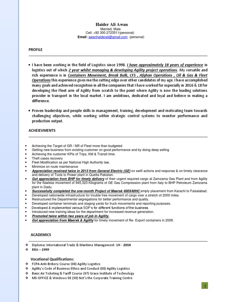 Haider Ali Awan - CV | PDF | Containerization | Cargo