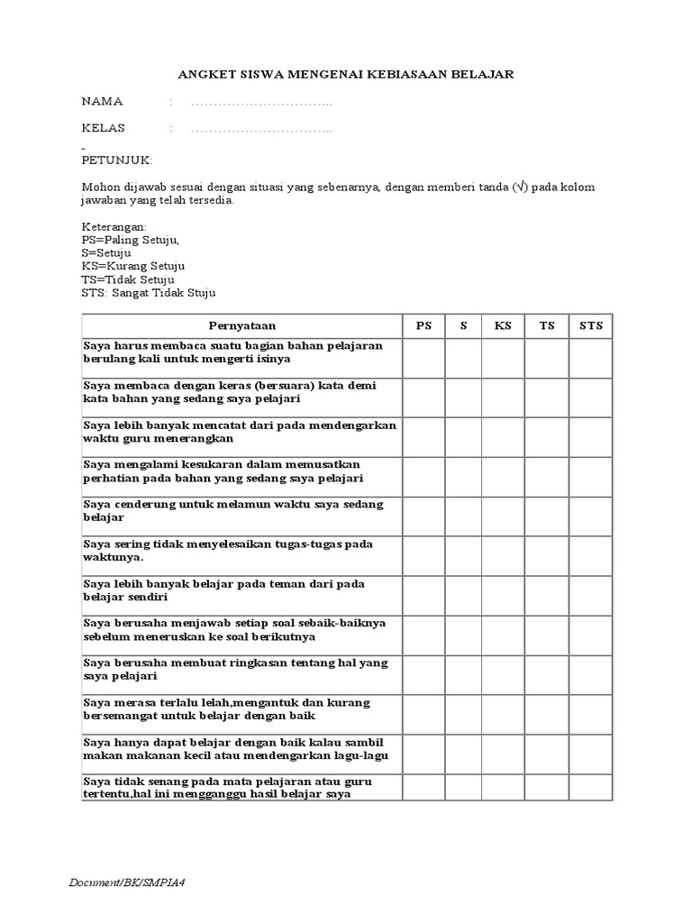 Angket Siswa Kelas 8 | PDF