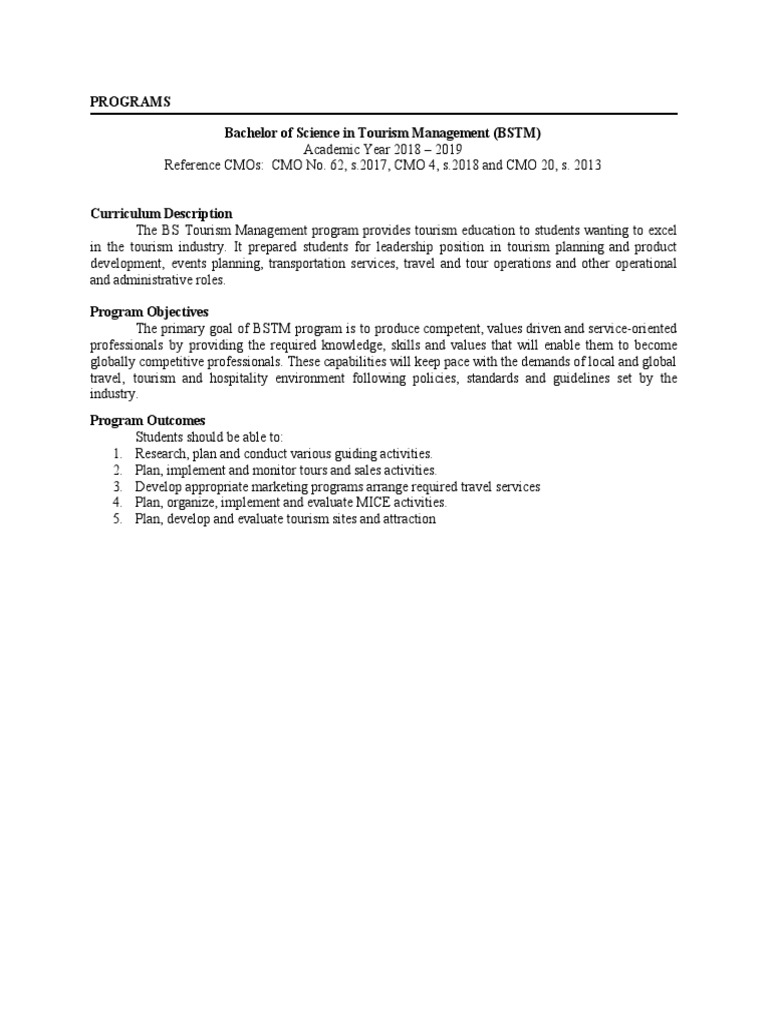 Bachelor of Science in Tourism Management BSTM | PDF | Bachelor's ...