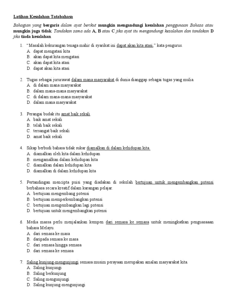 Latihan Kesalahan Tatabahasa Tingkatan 2 | PDF