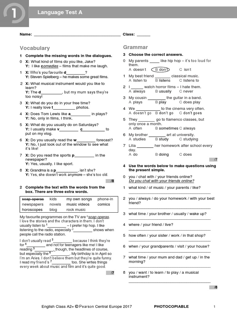Vocabulary Grammar: Language Test A | PDF