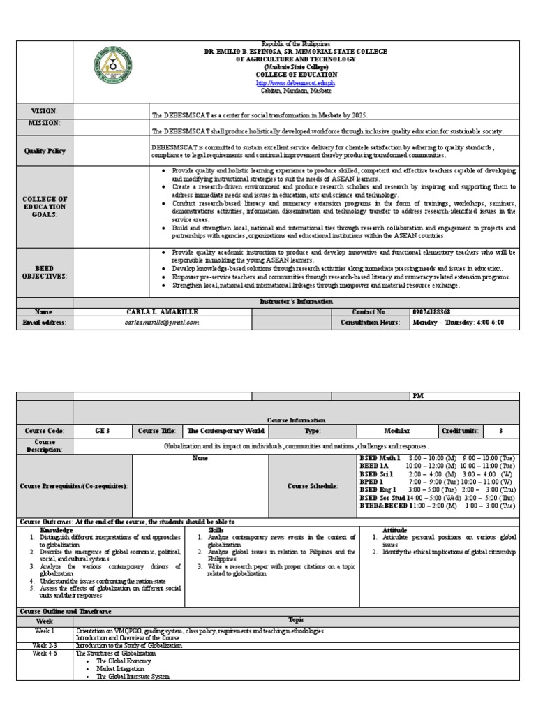 Contemporary World Syllabus BEED | PDF | Globalization | Sustainability