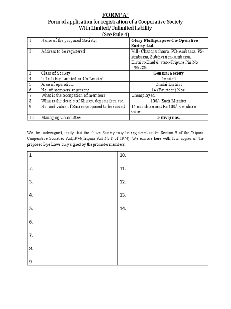 Registration Form for Glory Multipurpose Co-Op Society Ltd | PDF
