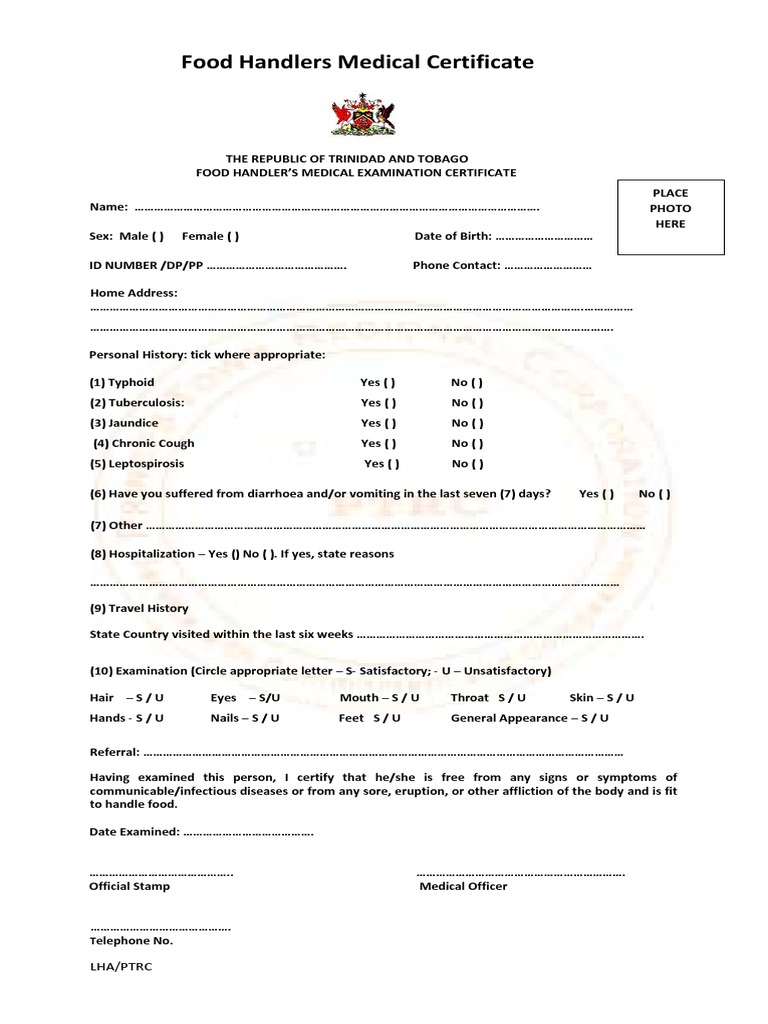 Food Handlers Medical Form | PDF