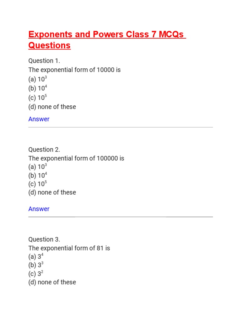 Class 7 Exponents and Powers MCQs | PDF | Exponentiation | Mathematics