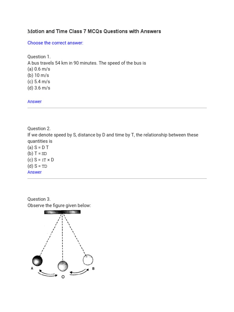 Class 7 Motion and Time MCQs with Answers | PDF | Time | Pendulum