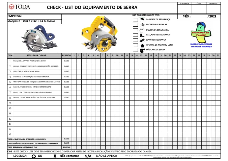 Checklist de inspeção diária de equipamentos de serra circular para ...