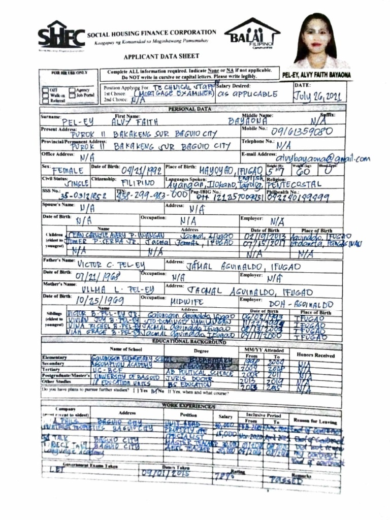 SHFC Applicant Data Sheet | PDF