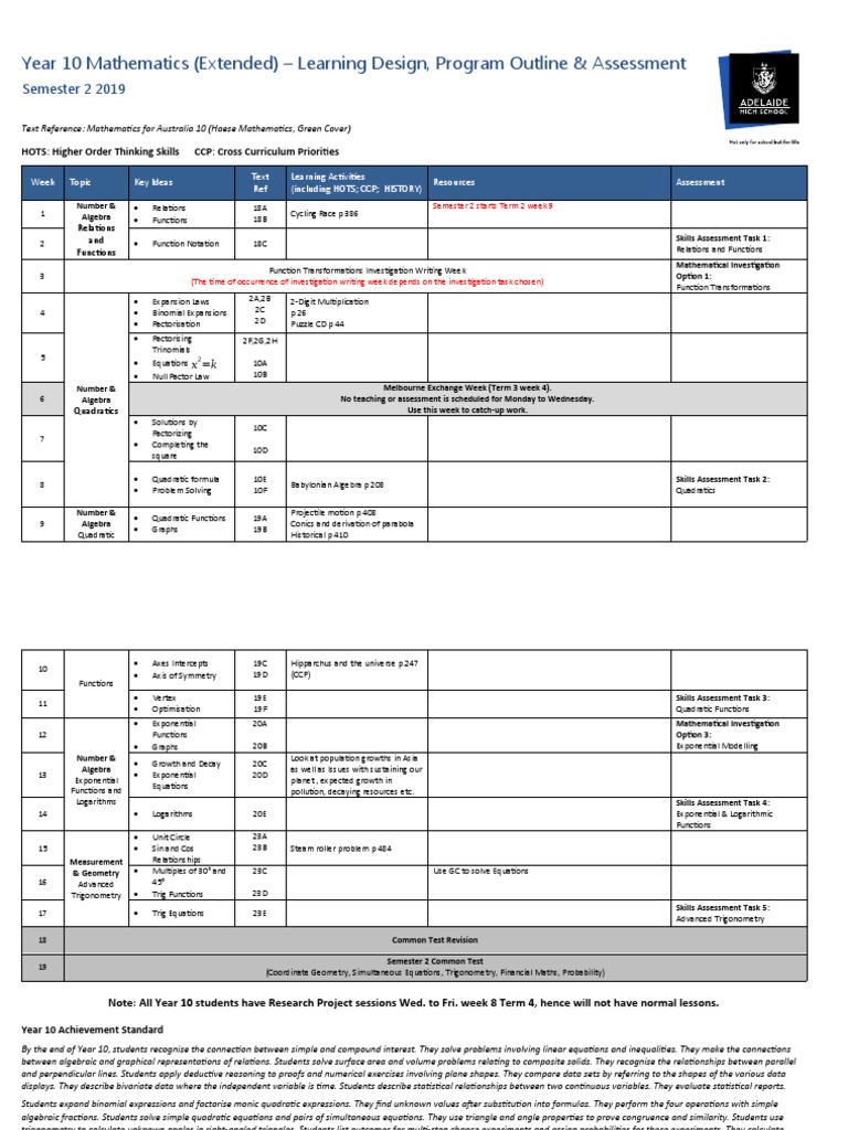 2019 Year 10 Mathematics (Extended) Student Workplan Semester 2 | PDF | Quadratic Equation ...