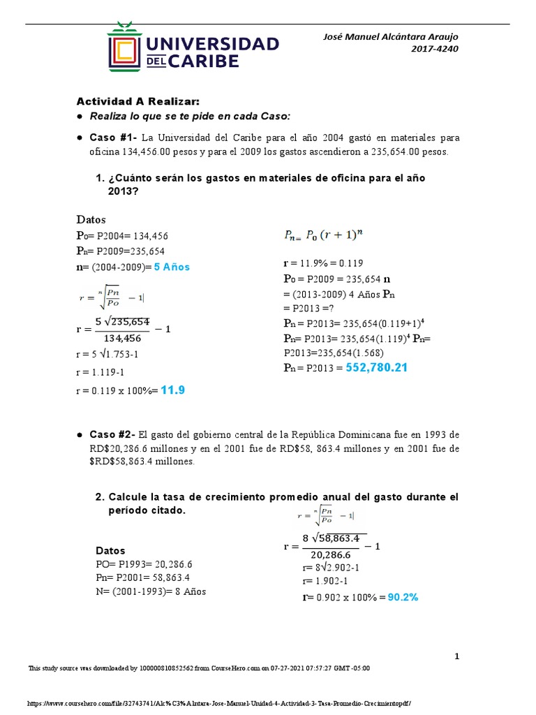 Alc Ntara Jose Manuel Unidad 4 Actividad 3 Tasa Promedio Crecimiento PDF | PDF
