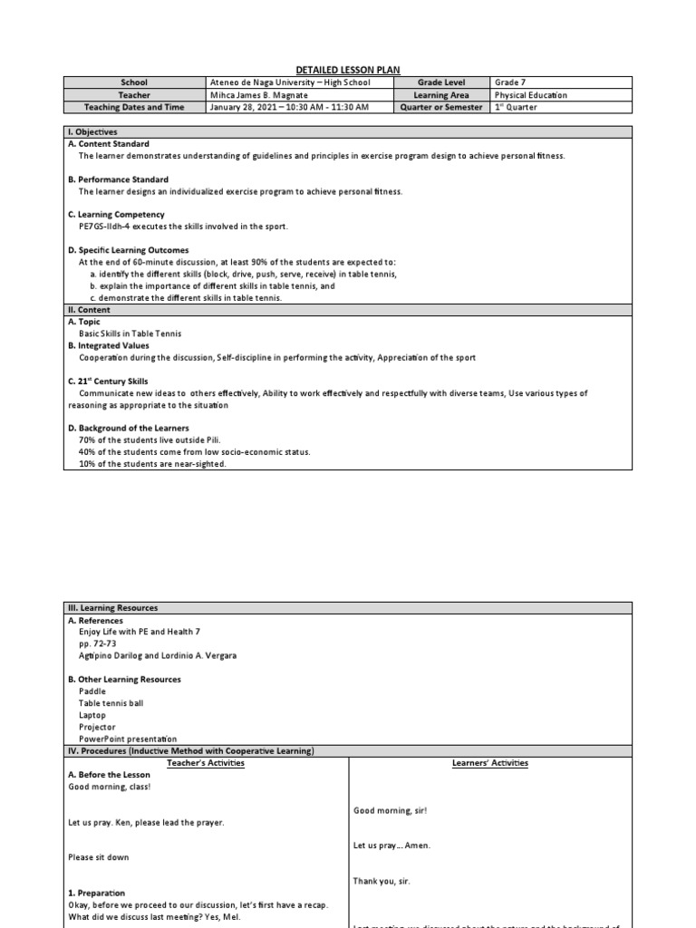 Detailed Lesson Plan | PDF | Physical Education | Table Tennis