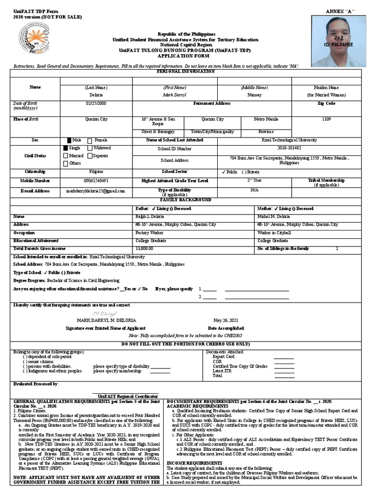 UniFAST TDP Application Form 2020 | PDF | Metro Manila | Philippines