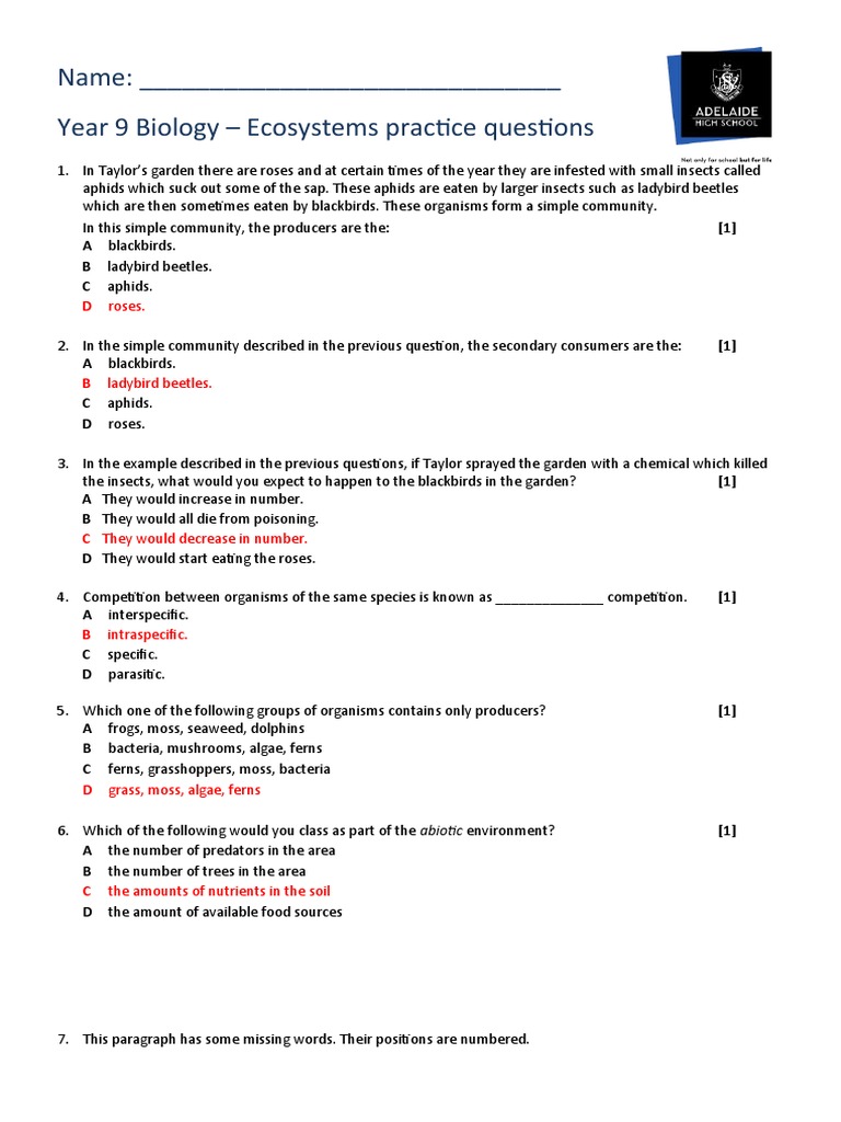 Name: - Year 9 Biology - Ecosystems Practice Questions | PDF | Food Web ...
