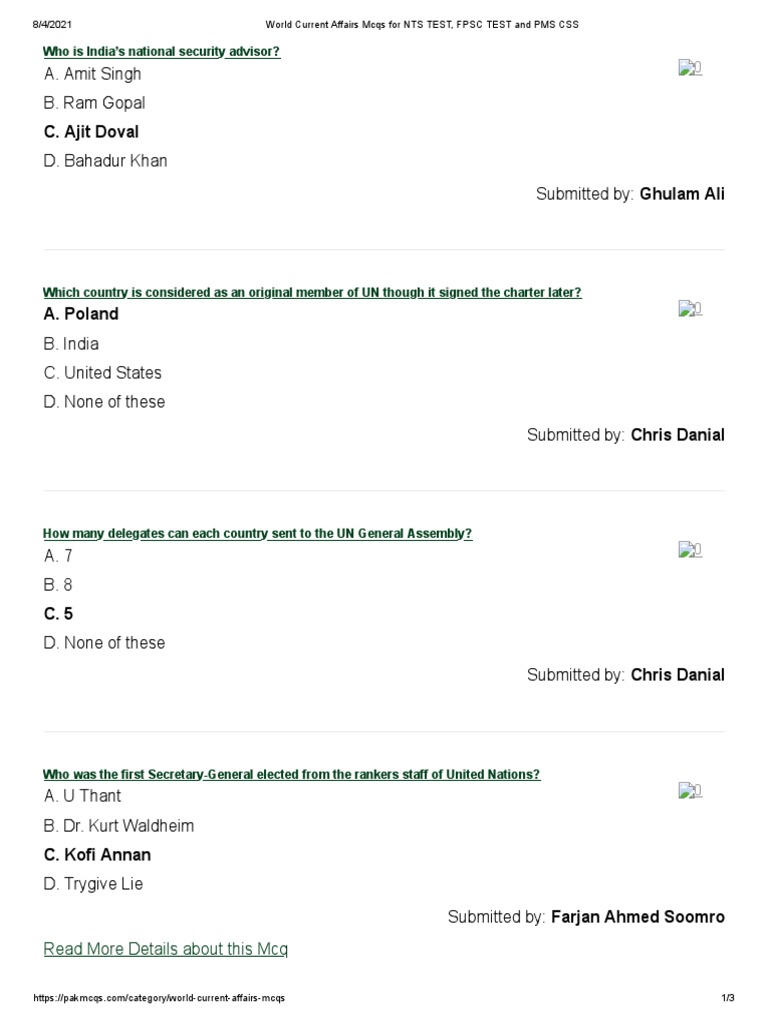 World Current Affairs Mcqs For NTS TEST, FPSC TEST and PMS CSS ...