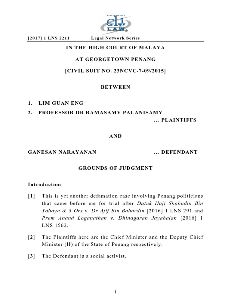 Lim Guan Eng V Ganesan Narayanan | PDF | Defamation | Lawsuit