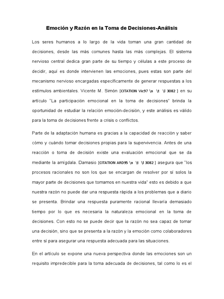 Emociones En La Toma De Decisiones Pdf Las Emociones Toma De