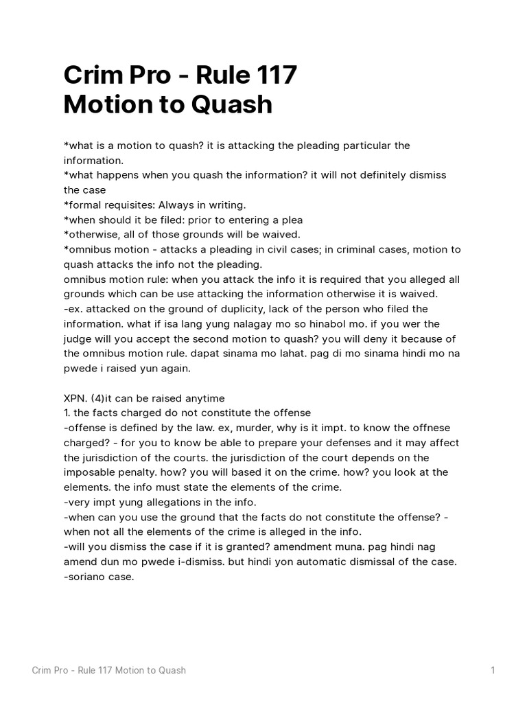 Crim Pro - Rule 117 Motion To Quash | PDF | Crime & Violence | Crimes