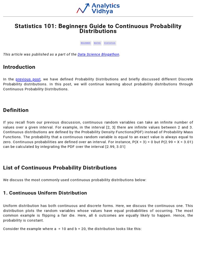 Statistics 101 Beginners Guide To Continuous Probability Distributions ...