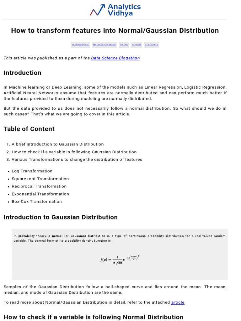How To Transform Features Into Normal Gaussian Distribution | PDF | Normal Distribution | Skewness