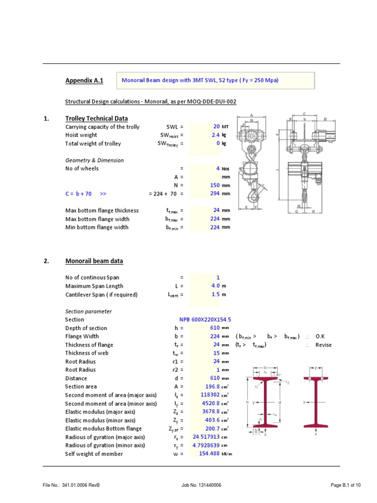 Appendix A.1: Monorail Beam Design With 3MT SWL, S2 Type (Fy 250 Mpa) | PDF | Bending | Beam ...
