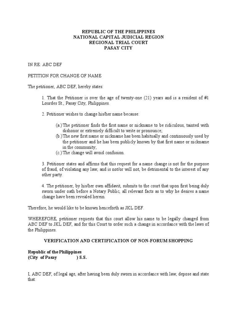 Petition For Change of First Name | PDF | Affidavit | Constitutional Law