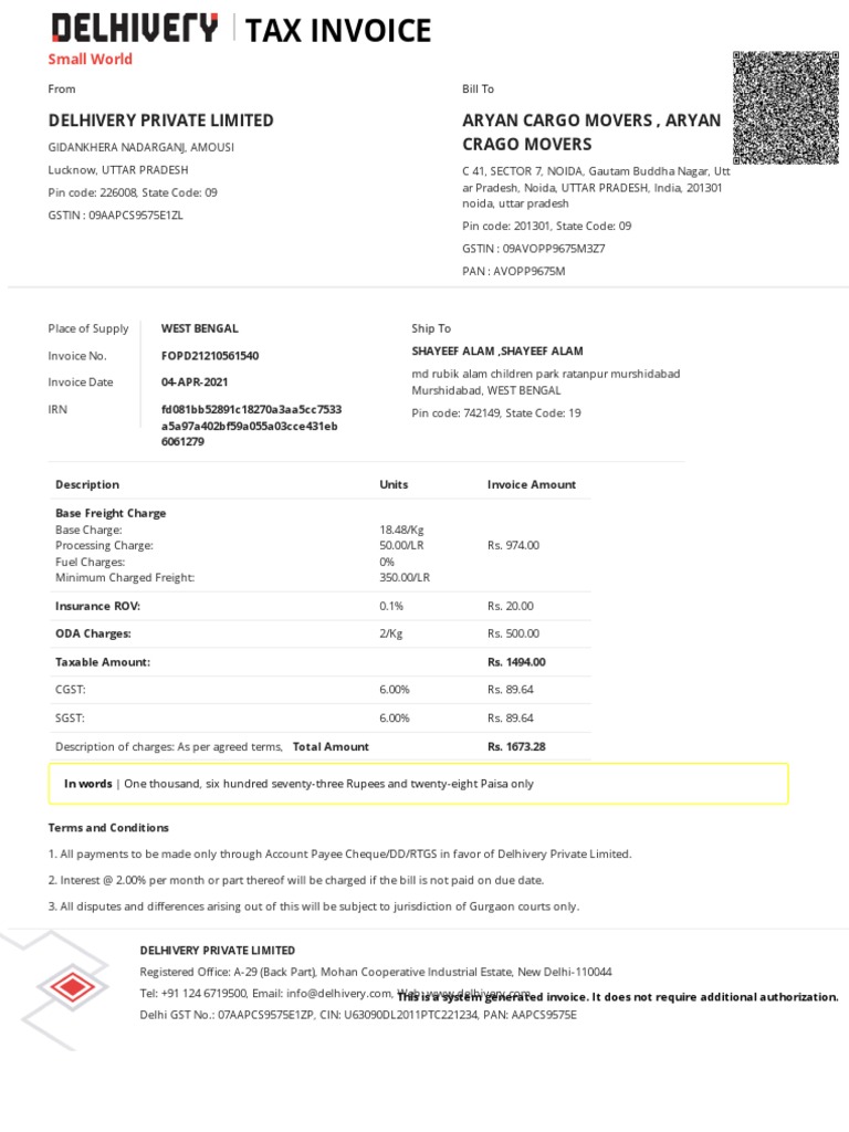 Delhivery Private Limited Aryan Cargo Movers, Aryan Crago Movers | PDF ...