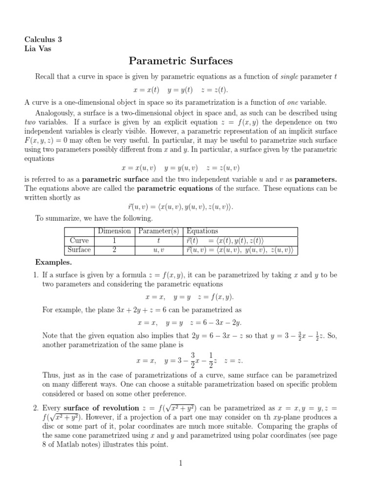 Parametric Surfaces | PDF | Area | Geometric Objects
