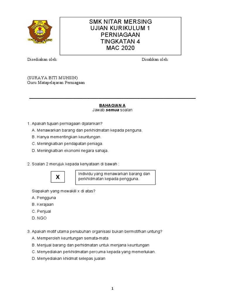 SMK Nitar Mersing Ujian Kurikulum 1 Perniagaan Tingkatan 4 MAC 2020 | PDF