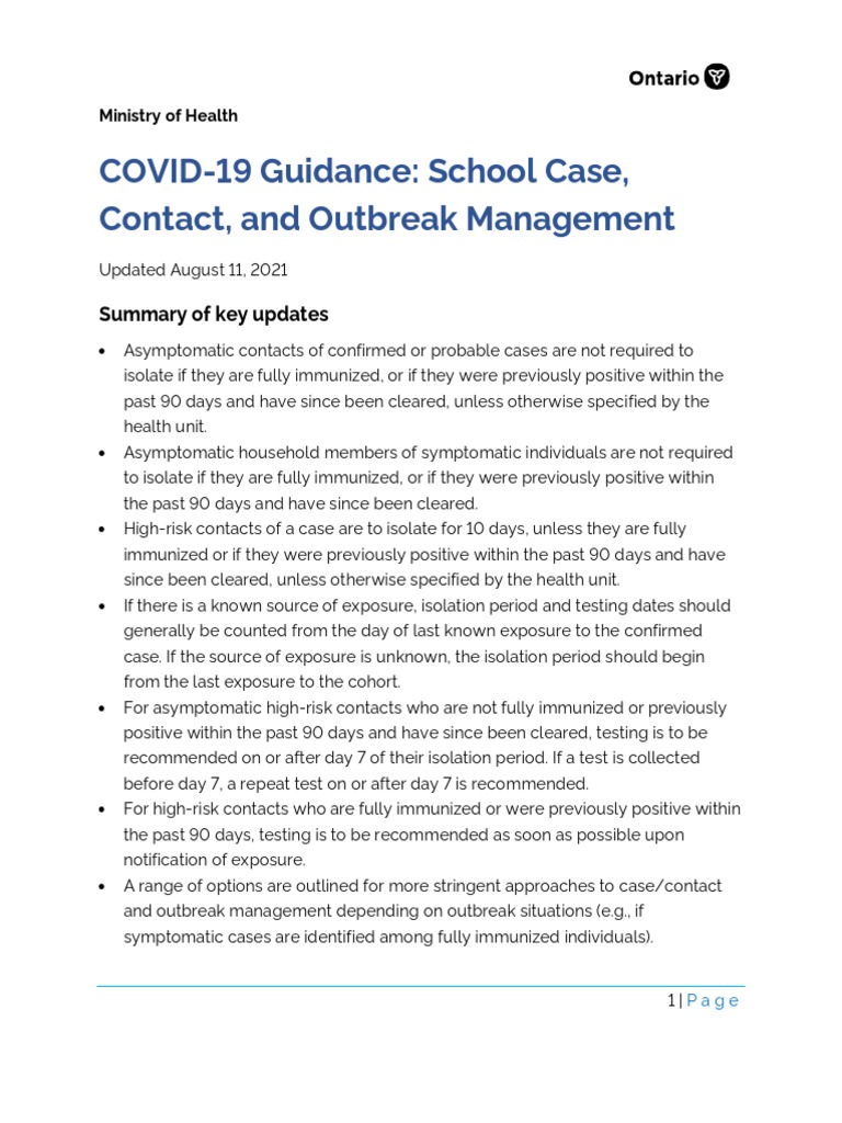 COVID-19 Guidance School Case Contact and Outbreak Management 2021-08 ...