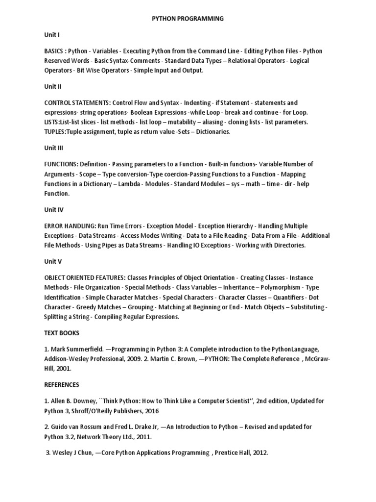 Python Programming - Syllabus | PDF