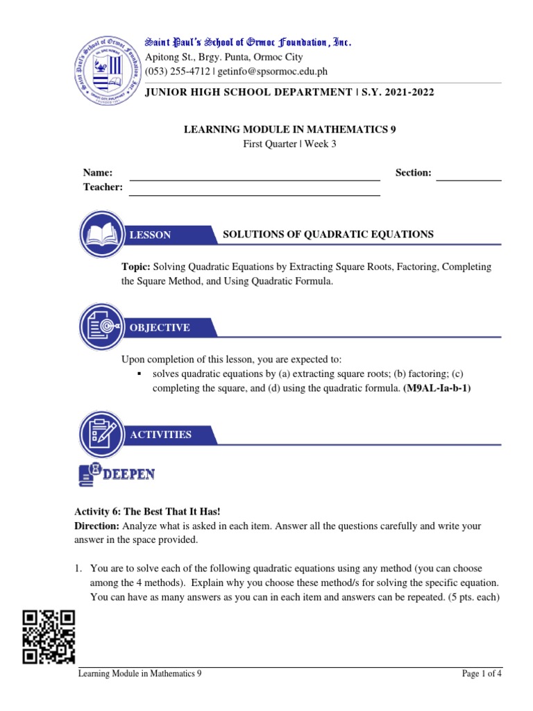 MATH 9 - Week 3 | PDF | Quadratic Equation | Equations