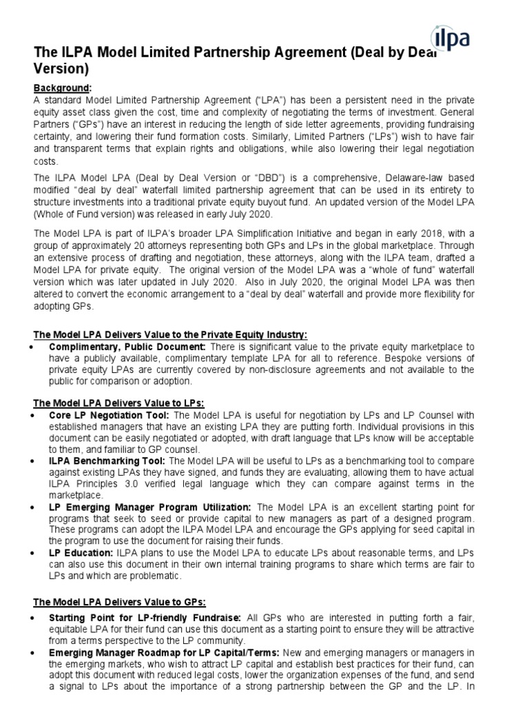 The ILPA Model Limited Partnership Agreement (Deal by Deal Version ...
