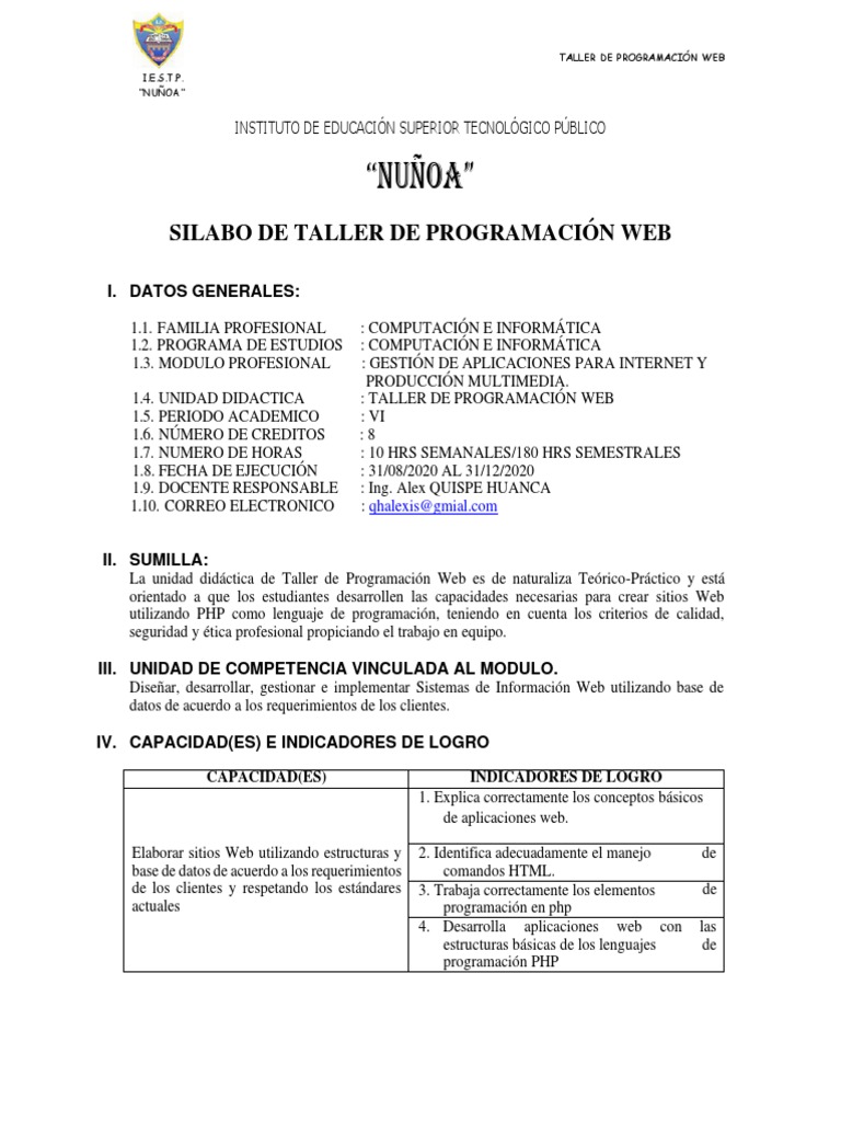 Silabo de Taller de Programacion Web | PDF | Php | Mi sql