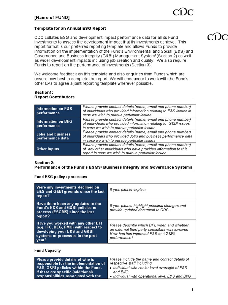 CDC Annual ESG Report Template | PDF | Employment | Taxes