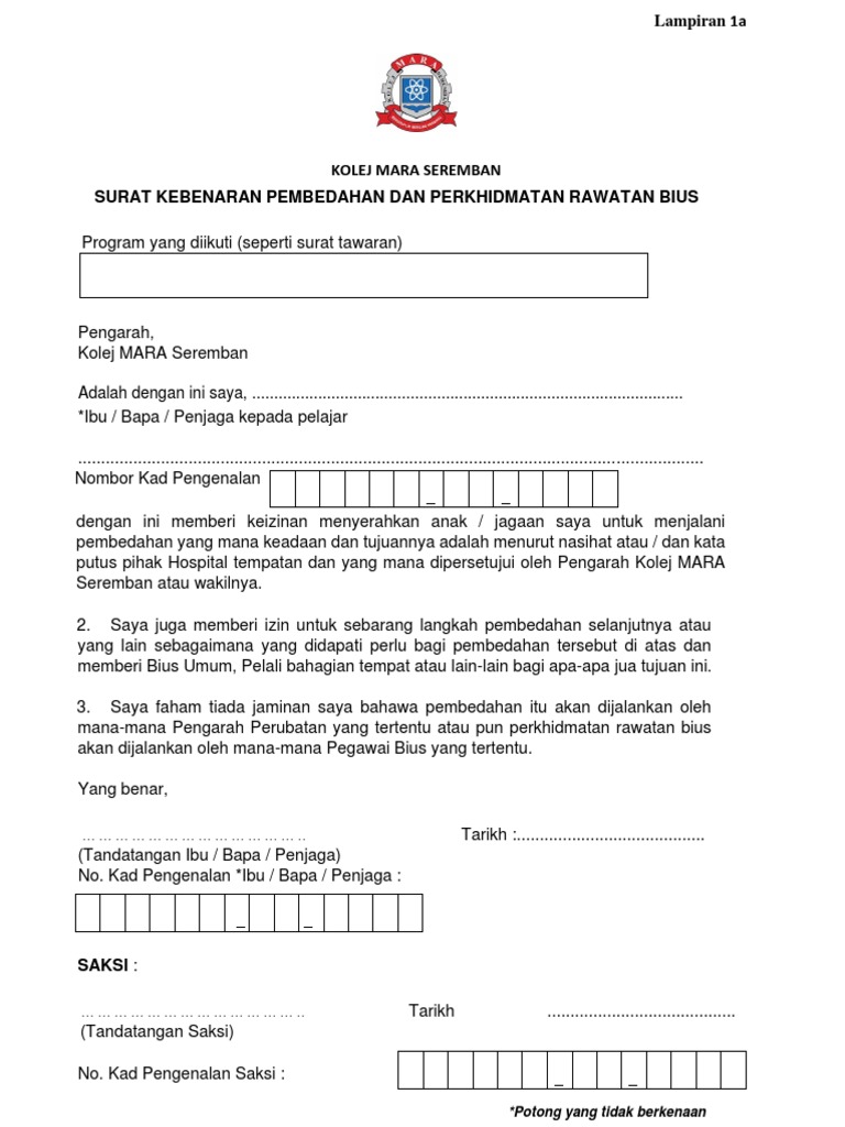 1 (A) Surat Kebenaran Pembedahan & Perkhidmatan Rawatan Bius | PDF