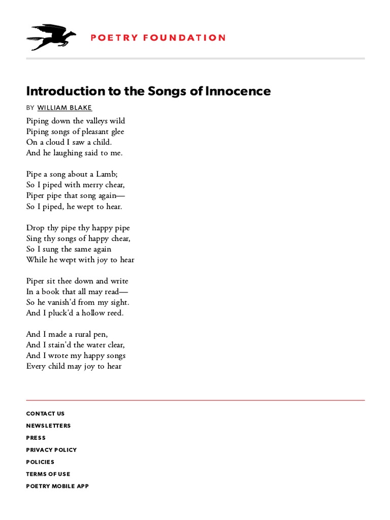 Introduction To The Songs of Innocence by William - Poetry Foundation | PDF
