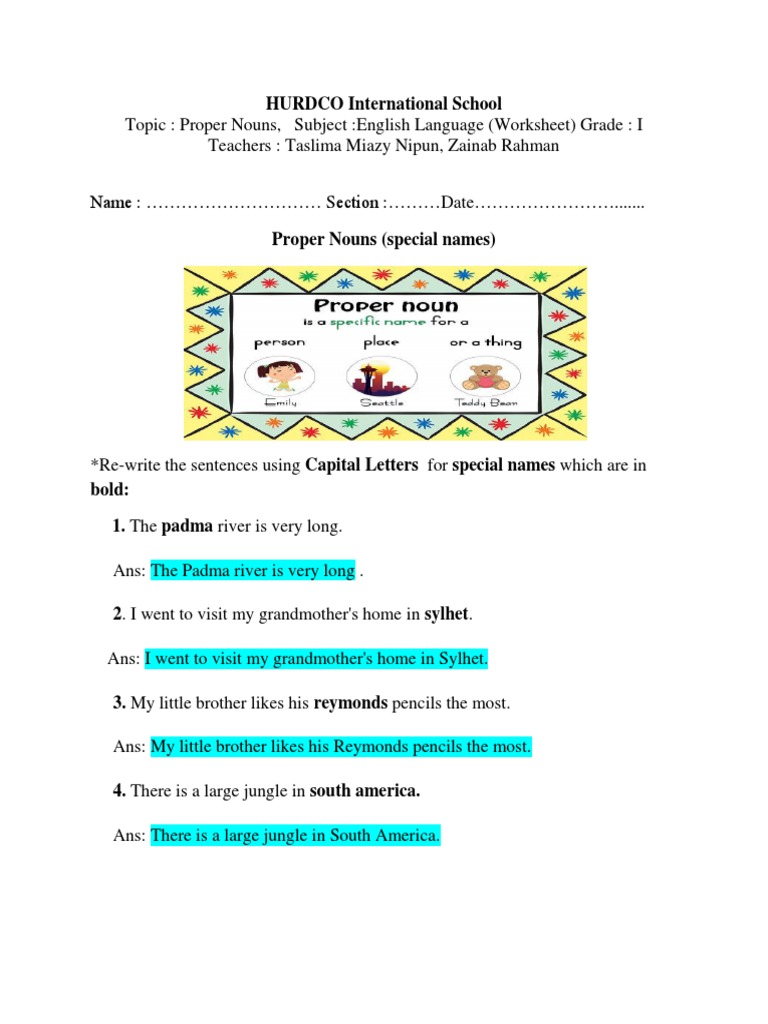 Worksheet On Proper Noun With Answers | PDF