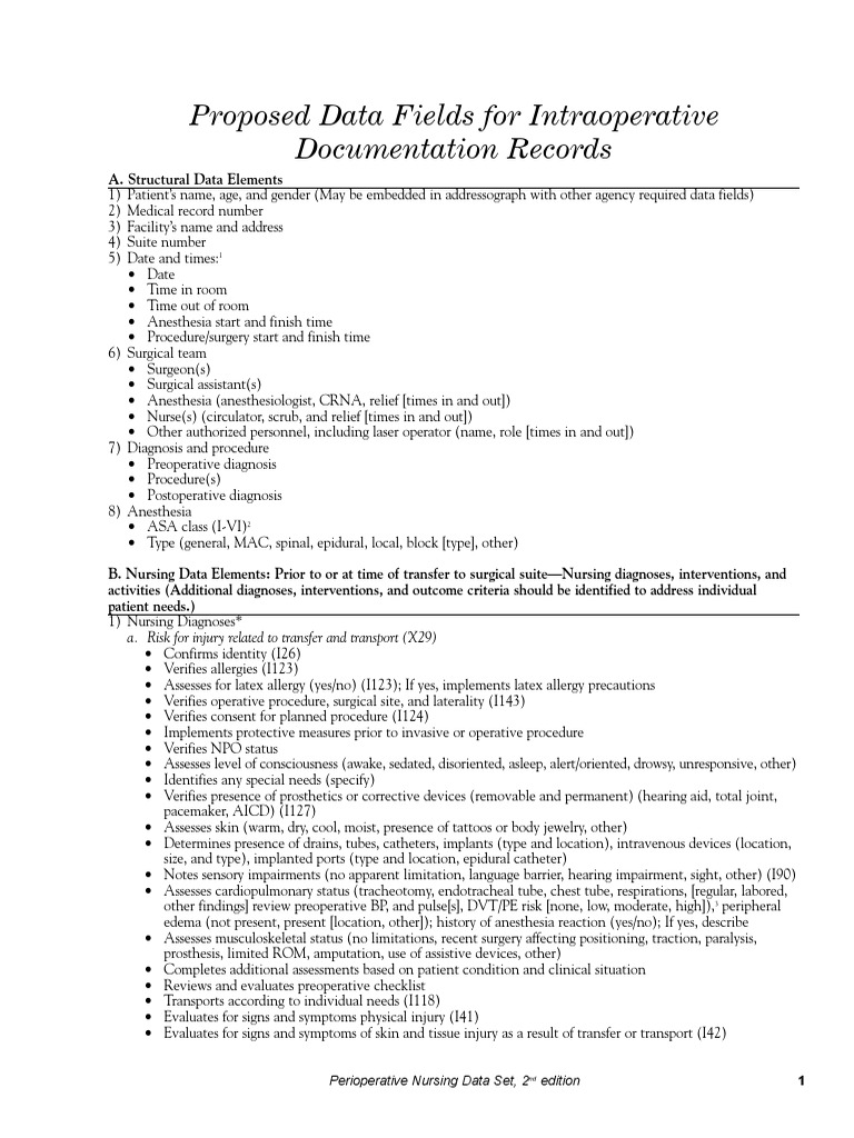 Proposed Data Fields For Intraoperative Documentation Records | PDF | Surgery | Anesthesia