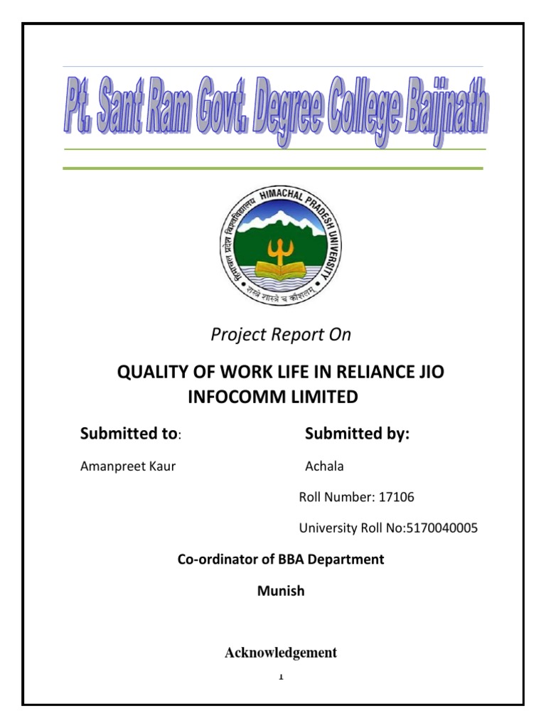 Project Report On Quality of Work Life | PDF | Job Satisfaction | Economies