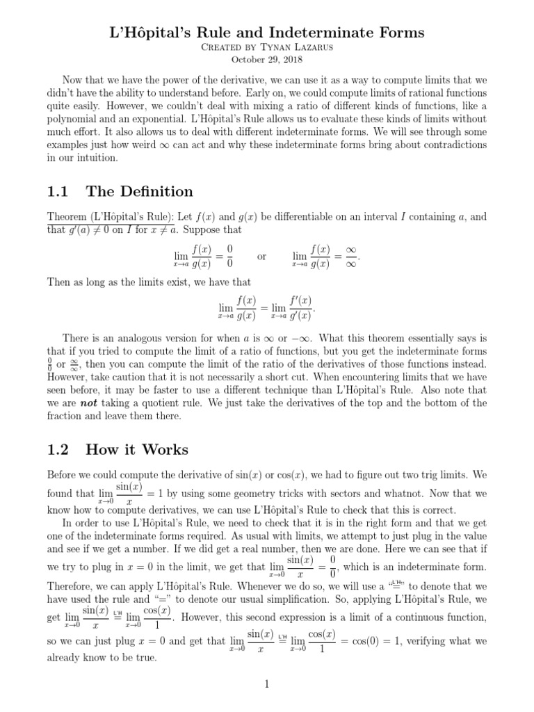 L'H Opital's Rule and Indeterminate Forms: Created by Tynan Lazarus ...