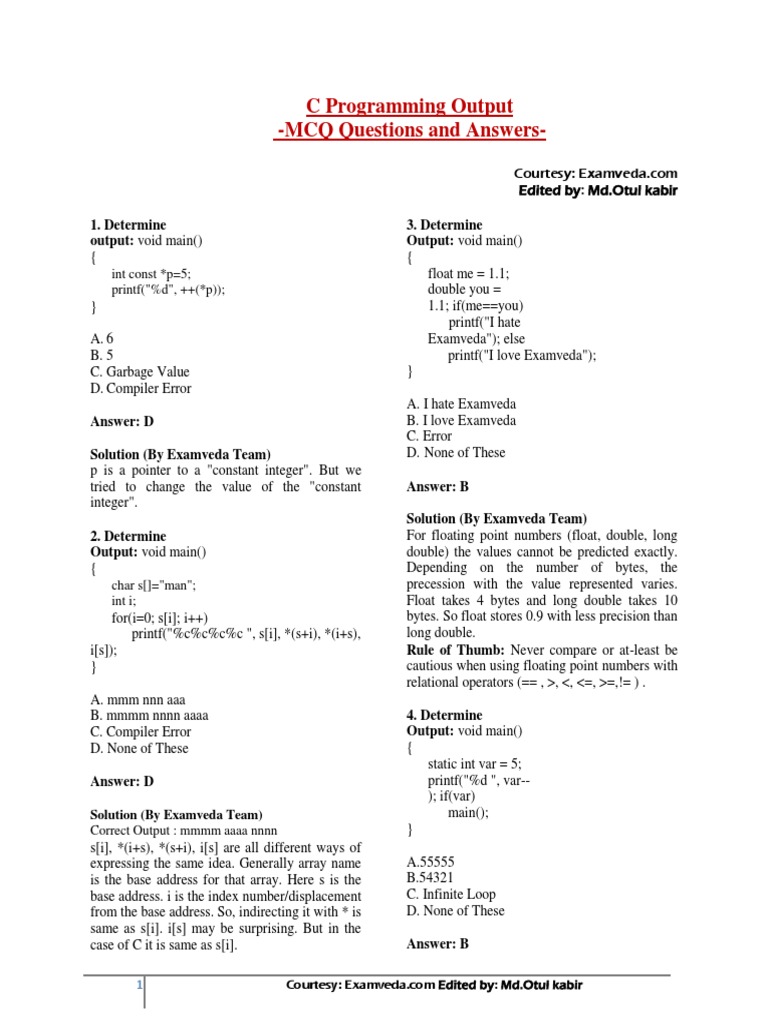 C Program Output MCQ Examveda | PDF | Pointer (Computer Programming) | C (Programming Language)