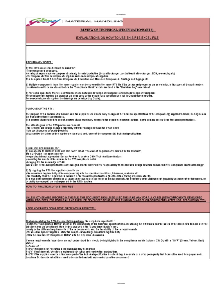 Explanations On How To Use This Rts Excel File: Review of Technical ...