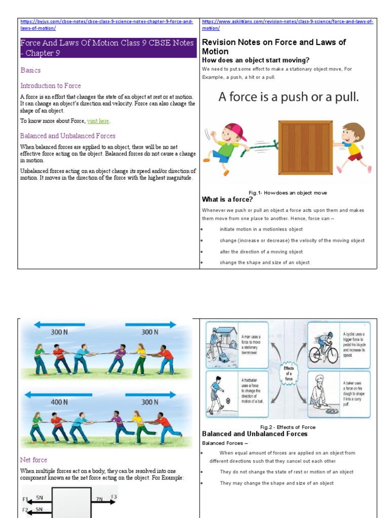 Force And Laws Of Motion Class 9 CBSE Notes Revision Notes | PDF ...