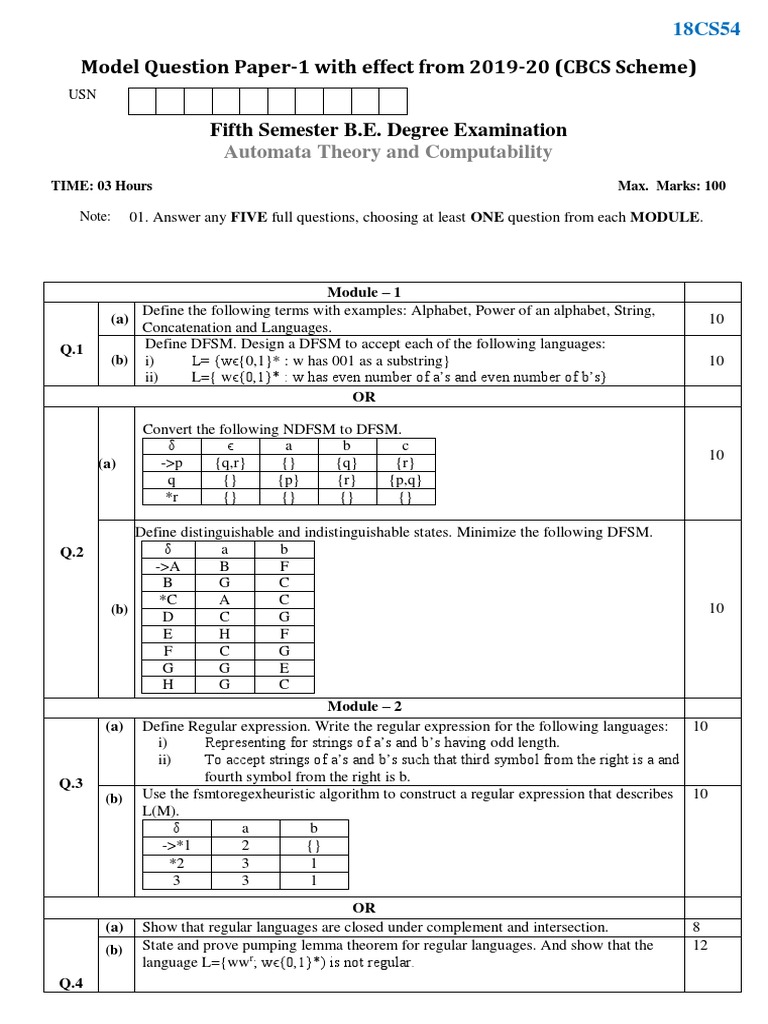 Automata Theory and Computability: Model Question Paper-1 With Effect ...