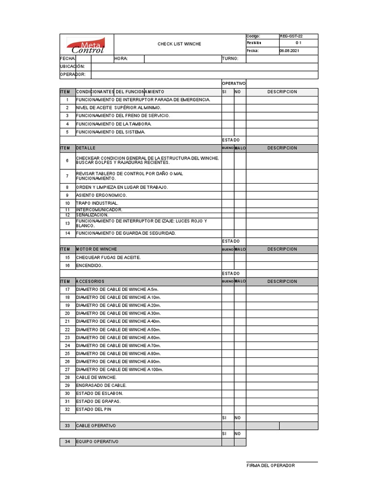 Check List de Mantenimiento de Winche | PDF