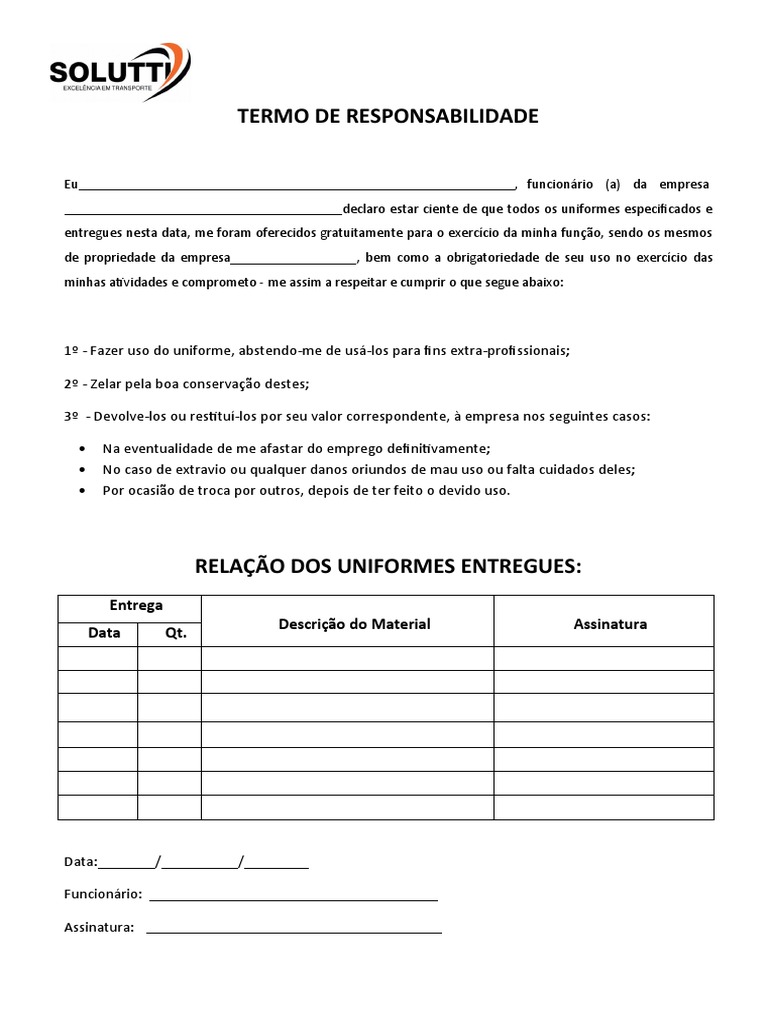Termo De Responsabilidade De Uniforme Empresa