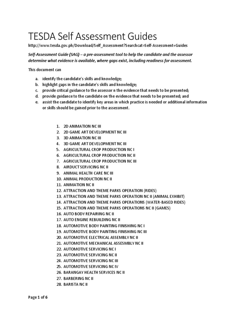 TESDA Self-Assessment Guide Overview | PDF | Foundry | Crane (Machine)