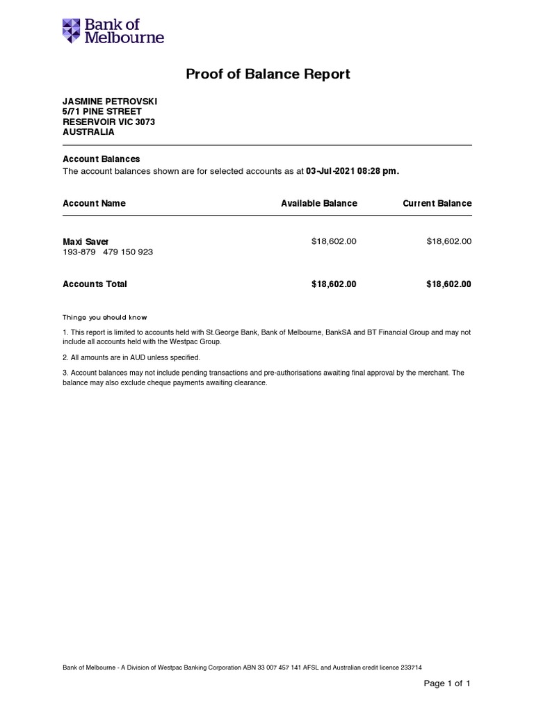 Proof of Balance Report: Jasmine Petrovski 5/71 Pine Street Reservoir ...